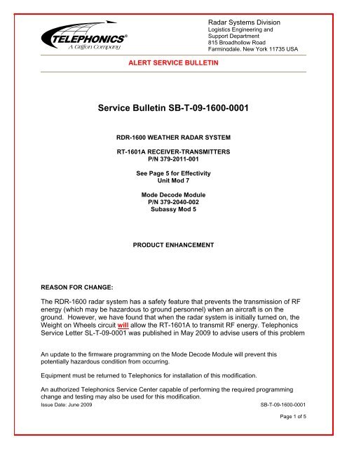 Service Bulletin SB-T-09-1600-0001 - Telephonics Corporation