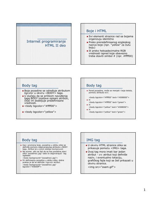 Internet programiranje HTML II deo Boje i HTML Body tag ... - Glavna