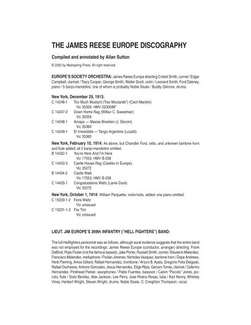 THE JAMES REESE EUROPE DISCOGRAPHY - Mainspring Press