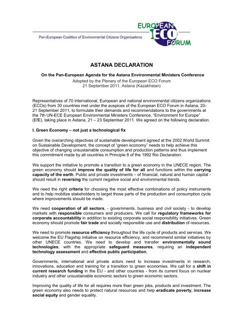 ASTANA DECLARATION - European ECO Forum