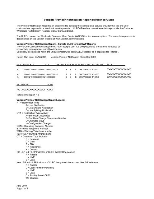 Verizon Provider Notification Report