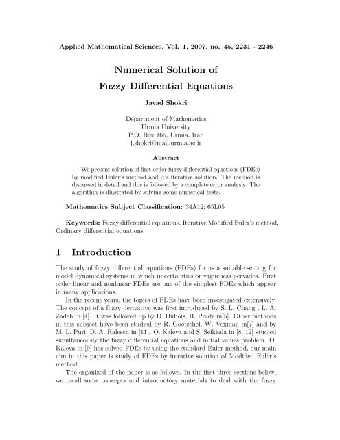 Numerical Solution of Fuzzy Differential Equations 1 Introduction