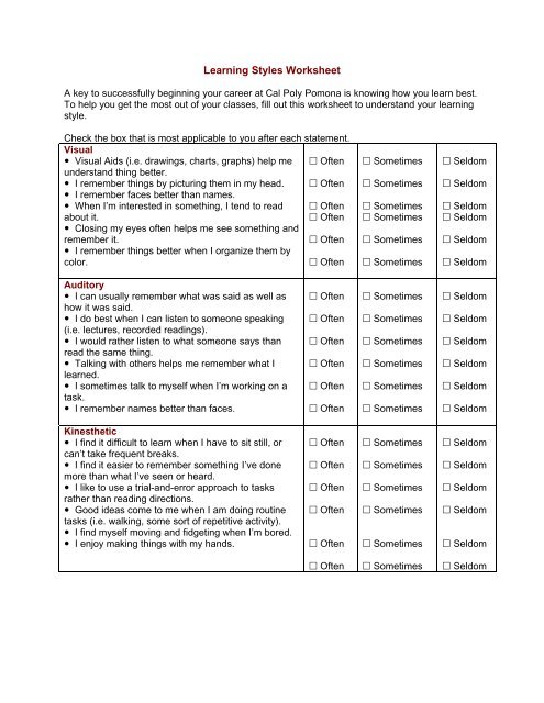 Learning Styles Worksheets Learning Styles Worksheets