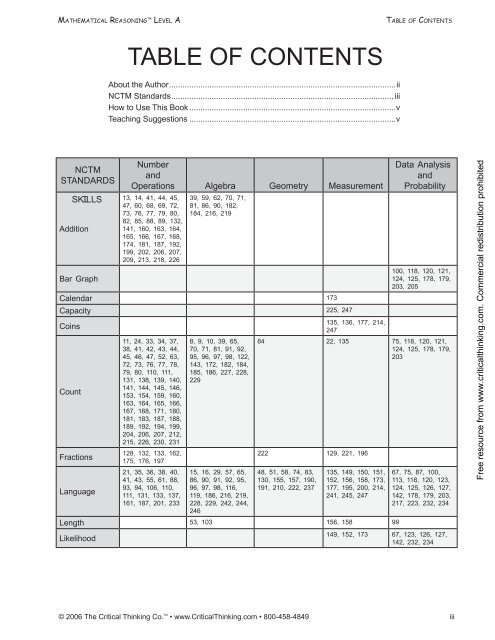 TABLE OF CONTENTS - The Critical Thinking Co.