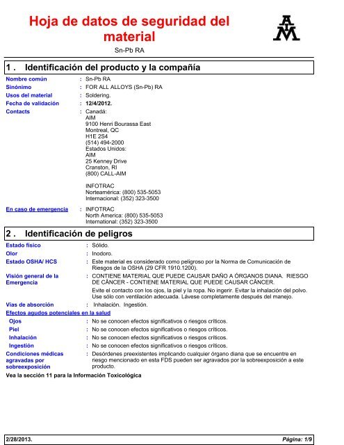 MSDS - RA Sn/Pb sp - AIM Solder