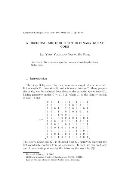 A Decoding Method For The Binary Golay Code Jae Yeon