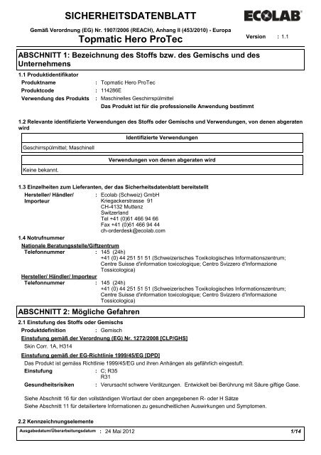 SICHERHEITSDATENBLATT Topmatic Hero ProTec