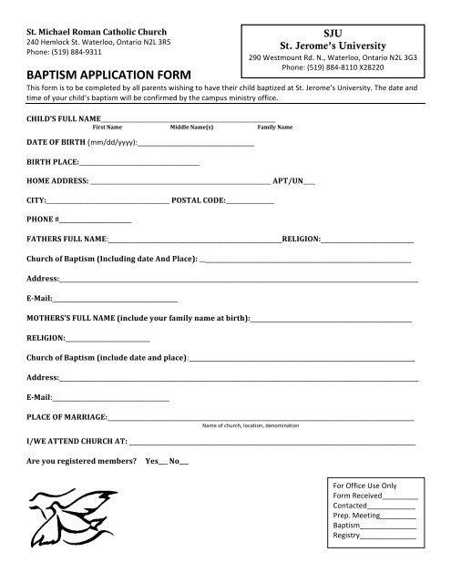BAPTISM APPLICATION FORM - St. Jerome's University