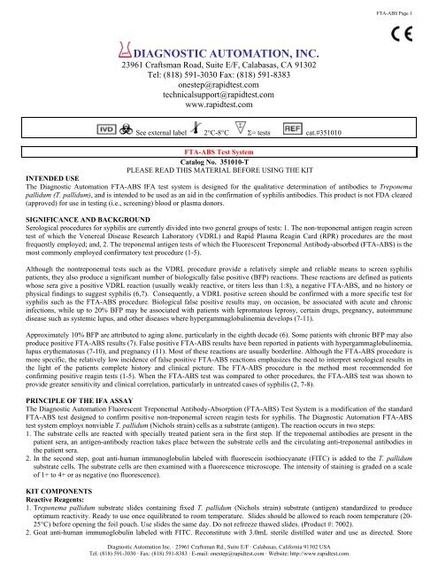 FTA-ABS (Syphilis) Titrable IFA Kit - Diagnostic Automation : Cortez ...