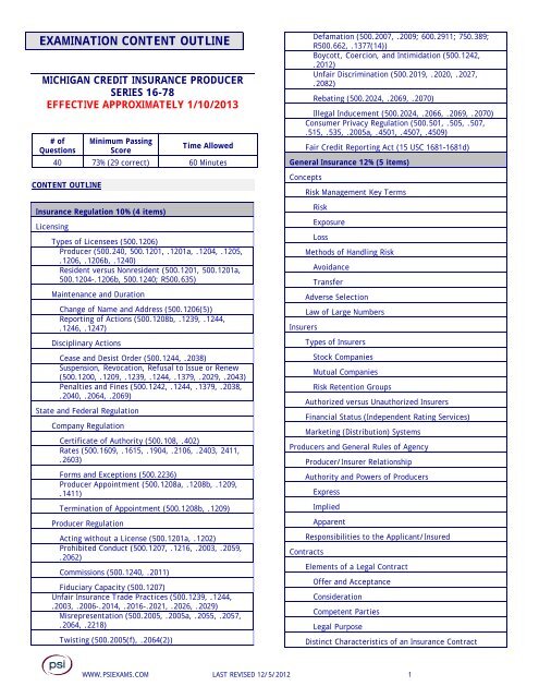 EXAMINATION CONTENT OUTLINE - PSI