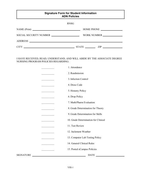 Signature Form for Student Information ADN Policies