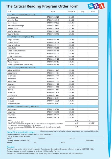 The Critical Reading Program Order Form - McGraw-Hill Australia