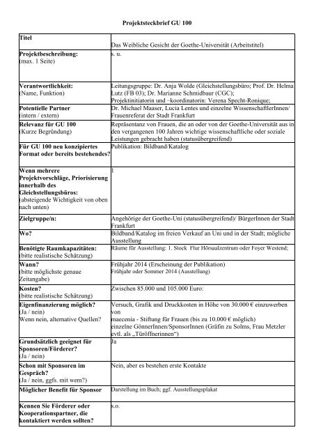 Projektsteckbrief: Das Weibliche Gesicht der Goethe-Universität
