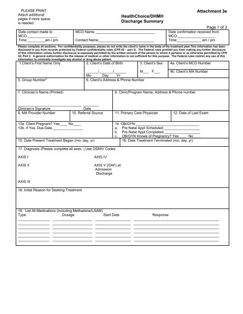 Attachment 3e HealthChoice/DHMH Discharge Summary - Maryland ...