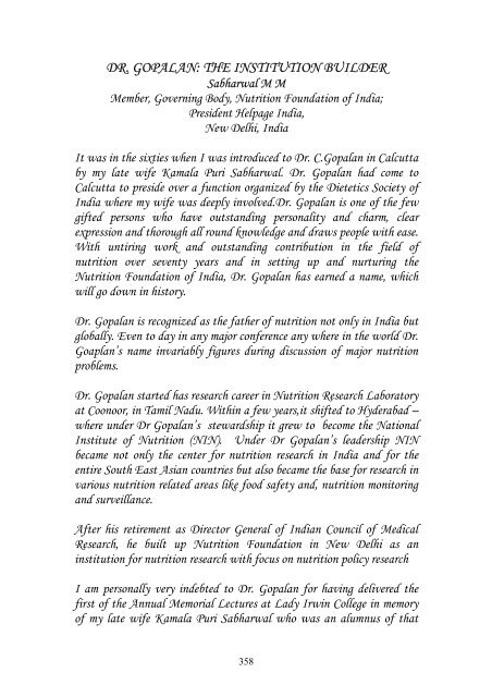 dr. gopalan: the institution builder - Nutrition Foundation of India