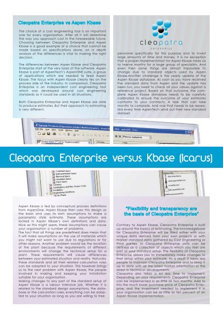 Cleopatra Enterprise versus Kbase (Icarus) - Cost Estimating Software