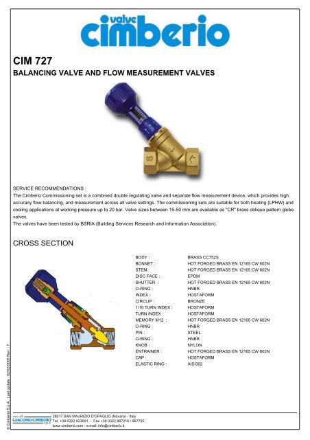 Cimberio 727 Double Regulating Valve - Alma-valves.ie