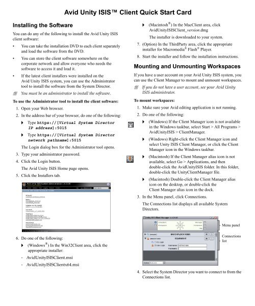 Avid Unity ISIS Client Quick Start Card