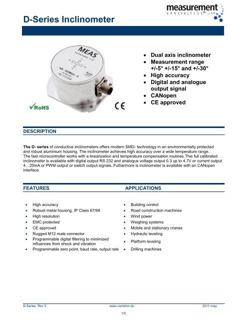 D-Series Inclinometer - Variohm EuroSensor