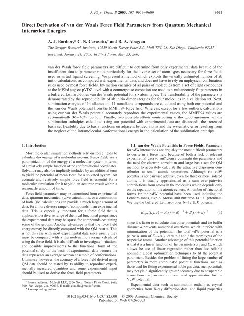 Direct Derivation of van der Waals Force Field Parameters from ...