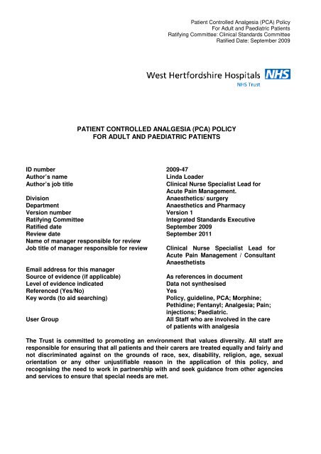 patient controlled analgesia (pca) policy for adult and - West ...