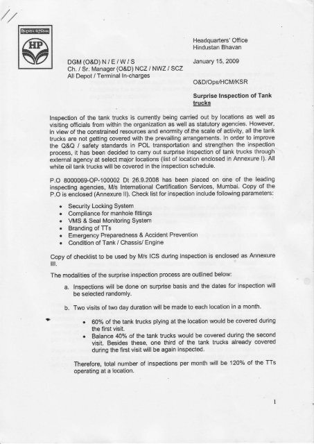 Surprise Inspection of Tank Trucks by M/s ICS