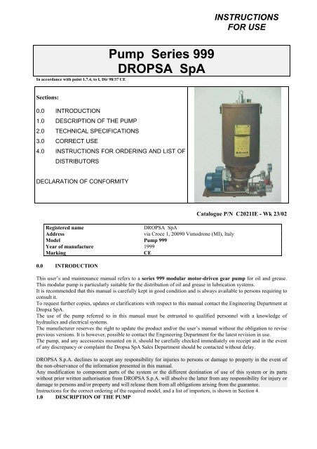 Pump Series 999 DROPSA SpA - PRO-CONS