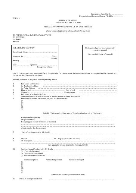 Application for or Renewal of an Entry Permit - Kenya