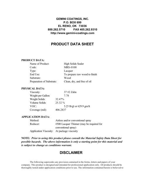 PRODUCT DATA SHEET DISCLAIMER - Paint & Lacquer Company
