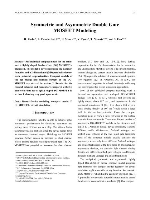 Symmetric And Asymmetric Double Gate Mosfet Modeling Jsts