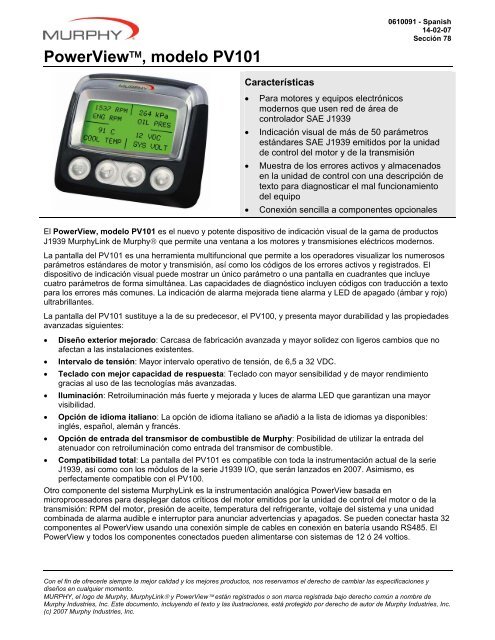 PowerViewâ ¢, modelo PV101 - Murphy