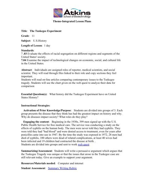Theme-Integrated Lesson Plans Title: The Tuskegee Experiment ...