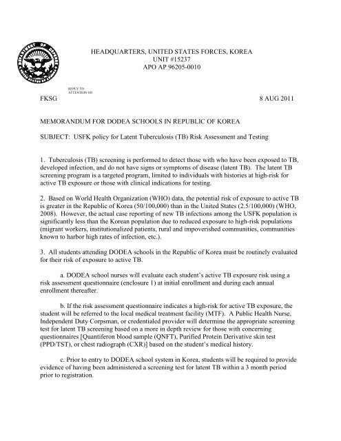 USFK policy for Latent Tuberculosis (TB) Risk Assessment and Testing