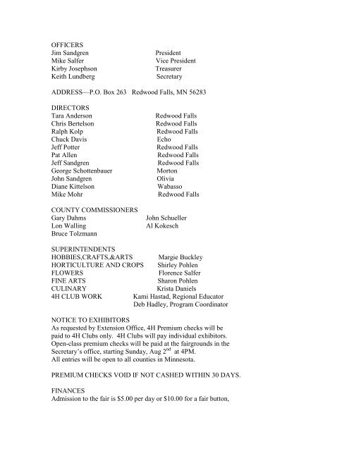 OFFICERS Jim Sandgren President Mike Salfer Vice President Kirby ...