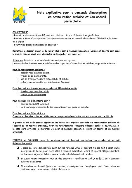 Note explicative pour la demande d'inscription en ... - Istres