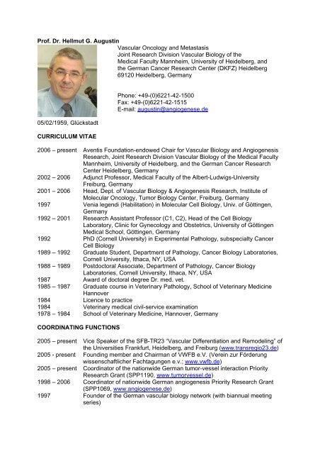 Prof. Dr. Hellmut G. Augustin Vascular Oncology and Metastasis ...
