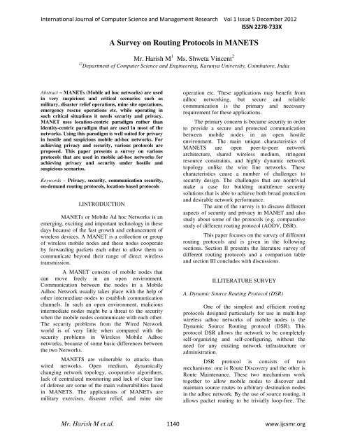 A Survey On Routing Protocols In Manets Ijcsmr