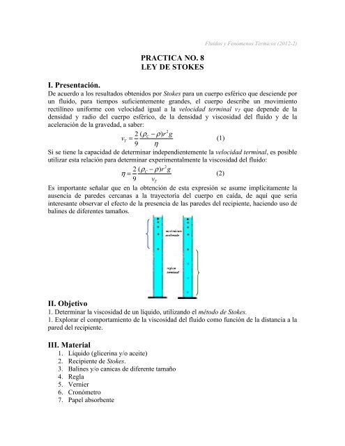 PRACTICA NO. 8 LEY DE STOKES I. Presentación. II. Objetivo III ...