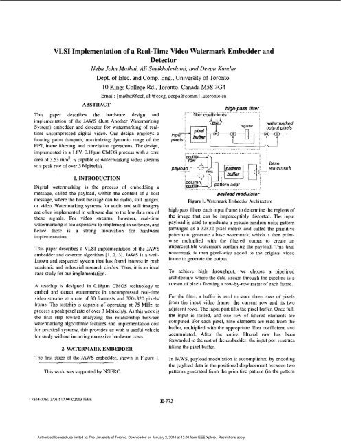 VLSI implementation of a real-time video watermark embedder and ...