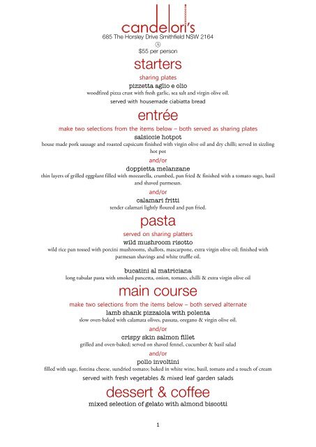 Candelori's Restaurant & Bar | Function Menus | Call (02) 97291155