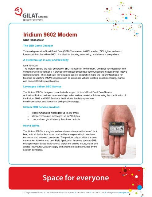 Iridium 9602 modem product sheet