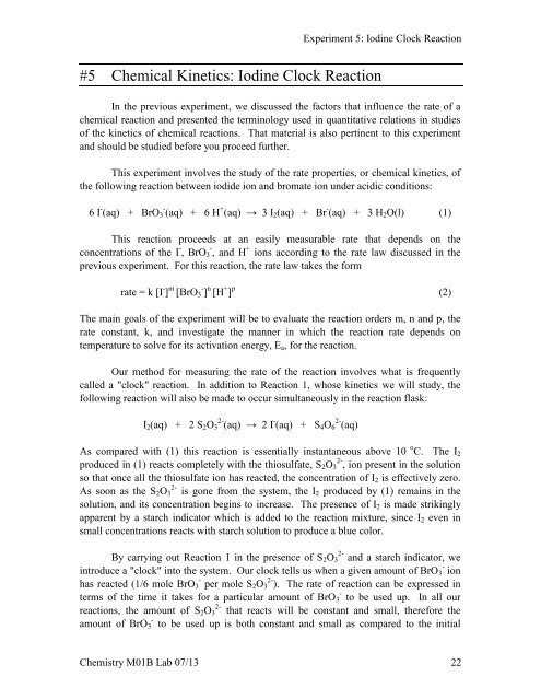 Chemical Kinetics: Iodine Clock Reaction - Moorpark College