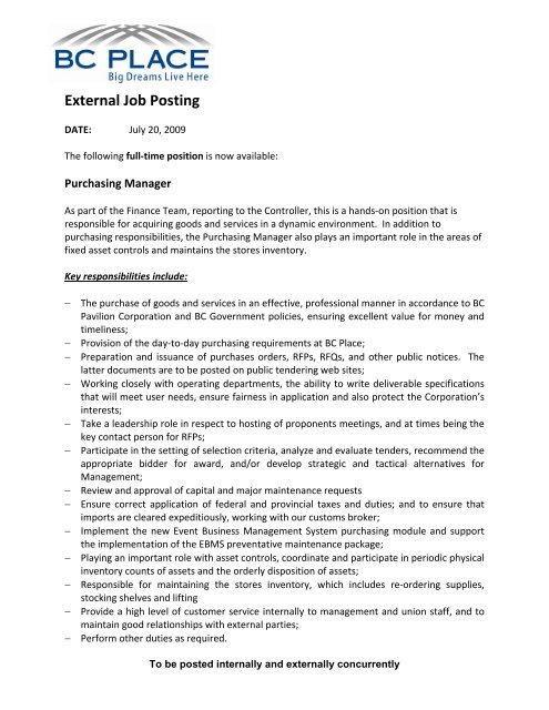 External Job Posting - BC Place Stadium