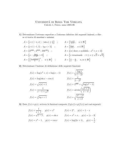Esercizi su Sup/Inf e nozioni di base sulle funzioni.