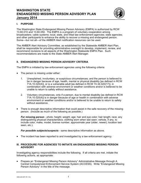 Endangered Missing Person Advisory - Washington State Patrol