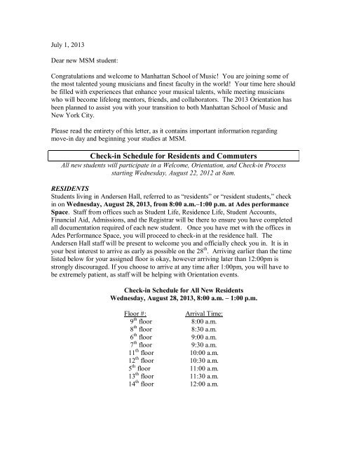 New Student Welcome Packet - Manhattan School of Music