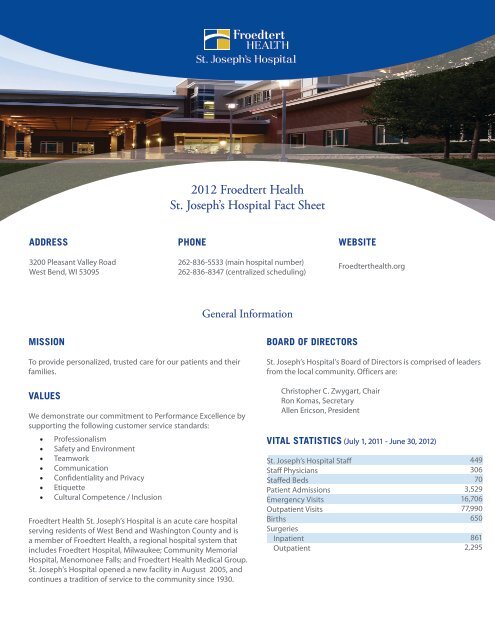 2012 Froedtert Health St. Joseph's Hospital Fact Sheet