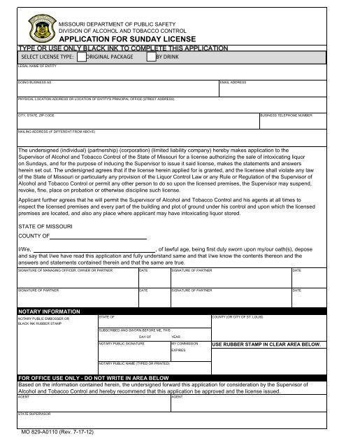 application for sunday license - Missouri Division of Alcohol and ...