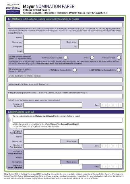 Mayor NOMINATION PAPEr - Rotorua District Council