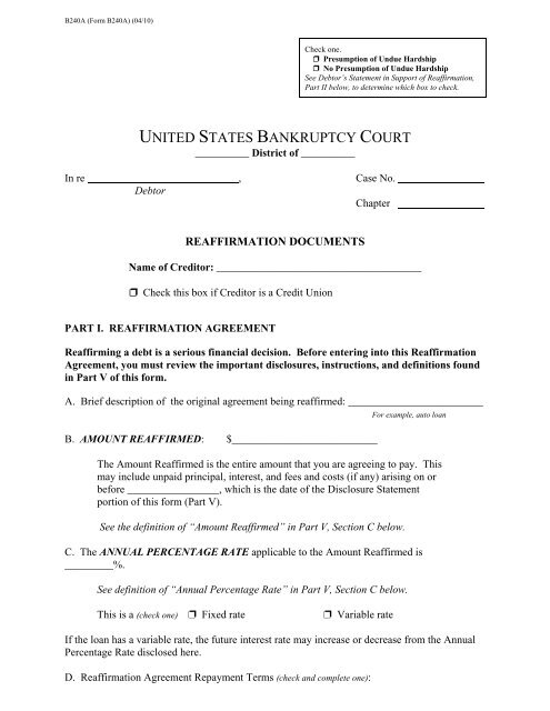 Form B240A Reaffirmation Agreement Documents